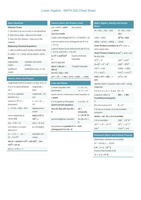 Solution Linear Algebra Math 232 Cheat Sheet Pdf Studypool