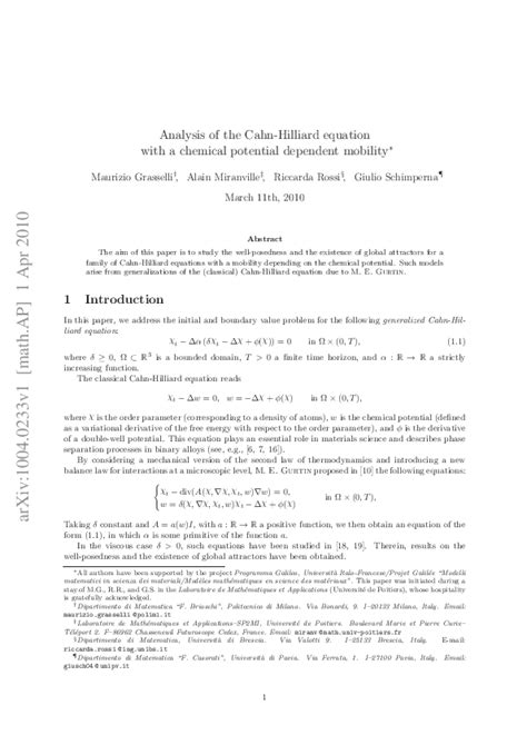 Pdf Analysis Of The Cahn Hilliard Equation With A Chemical Potential Dependent Mobility