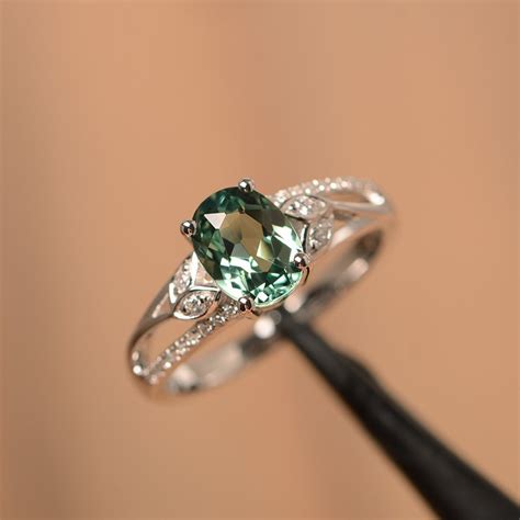 Oval Shaped Green Sapphire Engagement Ring Sterling Silver Etsy