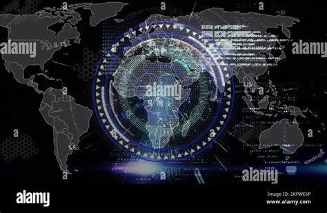 Animation Of Scope Scanning Over World Map With Data Processing On