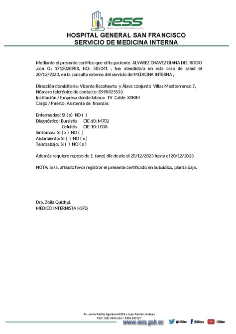 Formato Certificado Medico Reposo Hospital General San Francisco