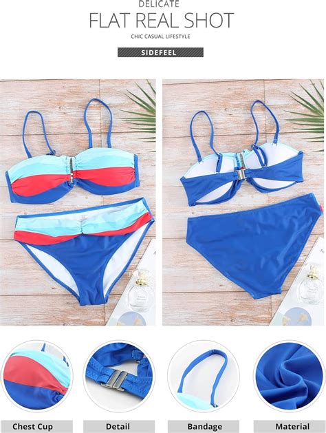 Sidefeel Women Stripes Halter Tummy Control Twist Bandeau Bikini Set