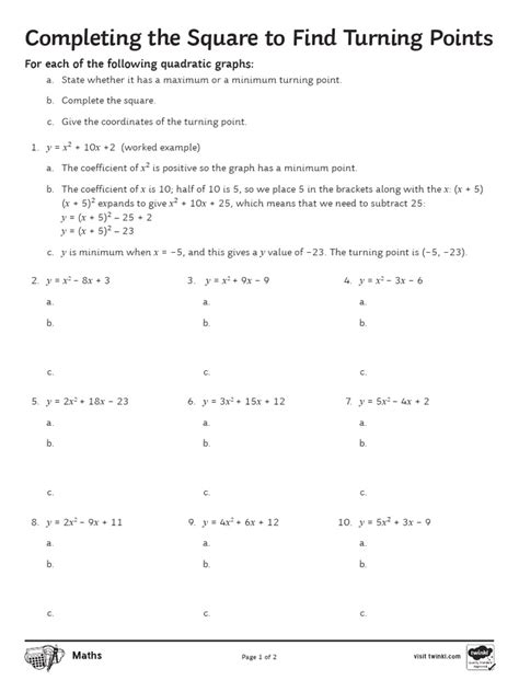 Lesson 1 Completing The Square To Find Turning Points Activity Sheet