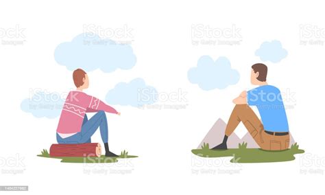 자연에서 하이킹을하면서 아름다운 자연 풍경을 즐기는 사람들은 만화 벡터 일러스트레이션을 설정합니다 관광에 대한 스톡 벡터 아트