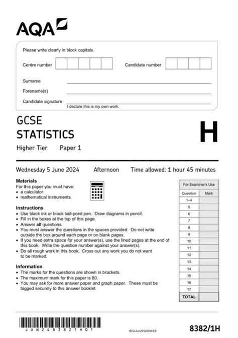 Aqa Gcse Statistics 8382 1h Higher Tier Paper 1 Question Paper And Mark Scheme June 2024 Stuvia Us