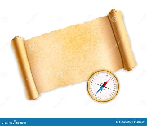 Old Textured Scroll With Vintage Glossy Golden Compass On White Stock