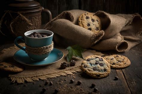 Sur La Table Se Trouve Une Tasse De Café Bleue Aux Couleurs Et Arômes