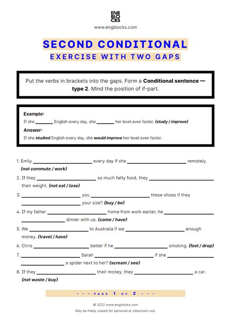 Conditional Sentences — Type 2 — Exercise With Two Gaps Esl Worksheets