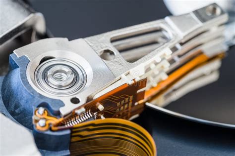 Hard Disk Drive Inside Close Up Actuator Arm Read Write Head Ribbon Cable Stock Photo Image
