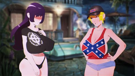 Rule 34 2girls American Flag Baseball Cap Big Breasts Bigotry Blonde Hair Blush Caucasian