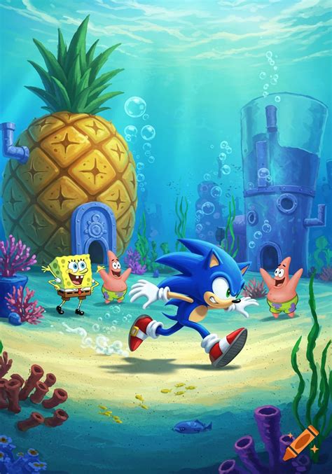 Sonic The Hedgehog Runs Past Spongebob And Patrick In A Colorful Underwater Scene Of Bikini