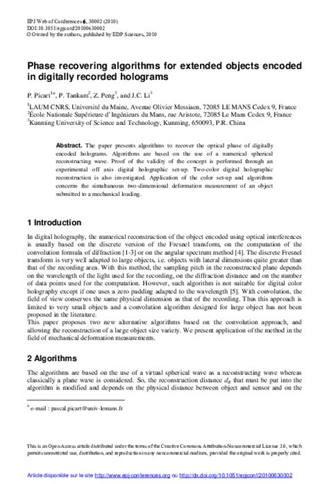 Pdf Phase Recovering Algorithms For Extended Objects Encoded In
