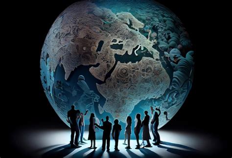Premium Photo A Group Of People Standing Around A Large Globe With A