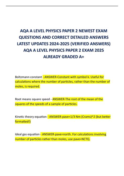 Aqa A Level Physics Paper 2 Newest Exam Questions And Correct Detailed Answers Latest Updates