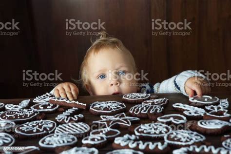 작은 소년 생강과 초콜릿 쿠키 흰 설탕 그림으로 장식 된 전통적인 수 제 크리스마스를 잡아 하려고 가구에 대한 스톡 사진 및 기타 이미지 Istock