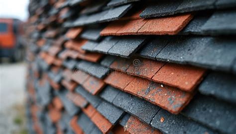 Stacked Asphalt Shingles Red Black Textures Form Layered Pattern