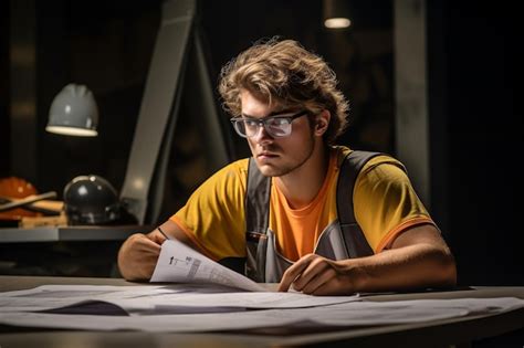 Premium Ai Image Focused Engineer Young Professional Analyzing Architectural Blueprints