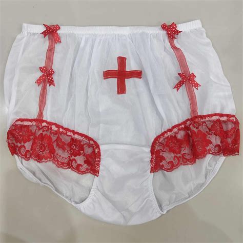 New Panties For Sissy White Sheer Nylon Briefs With Nurse Red Cross