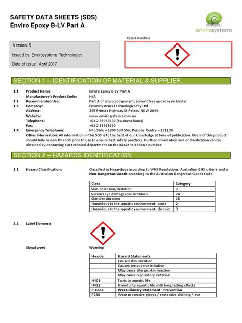 Enviro Epoxy B Lv Part A Sds Apr 2017 V5 Pdf Dangerous Goods Toxicity