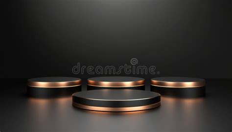 Elegant Display Of Round Podiums With Sleek Black And Gold Accents In A