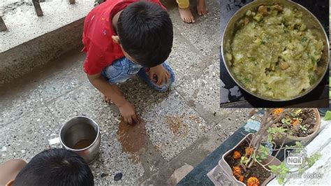 आज बच्चों ने पूरे घर की पुताई कर दी लाल कलर से 🏫 और बनाया सेम का चोखा