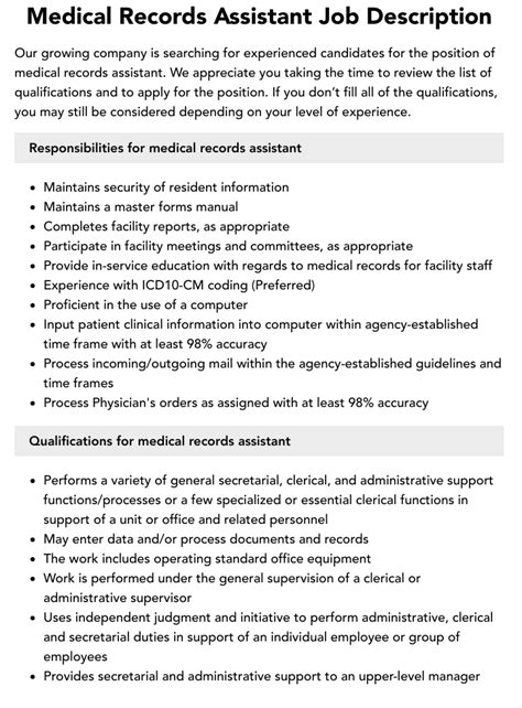 Medical Records Assistant Job Description Velvet Jobs Medical Records Assistant Job Description Velvet Jobs