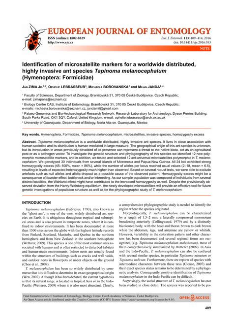 Pdf Identification Of Microsatellite Markers For A Worldwide Distributed Highly Invasive Ant