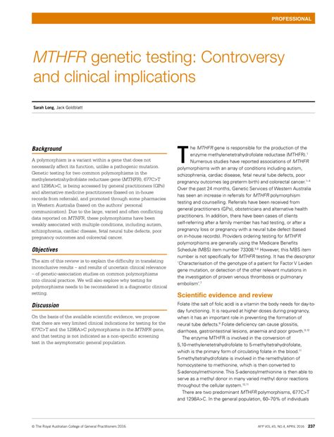 Pdf Mthfr Genetic Testing Controversy And Clinical Implications