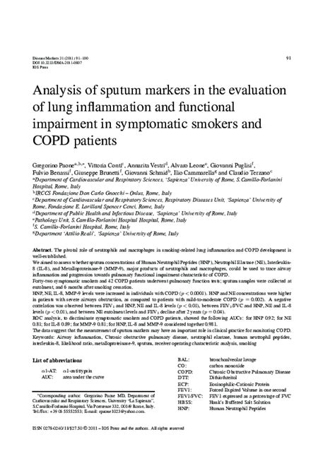 Pdf Analysis Of Sputum Markers In The Evaluation Of Lung Inflammation And Functional