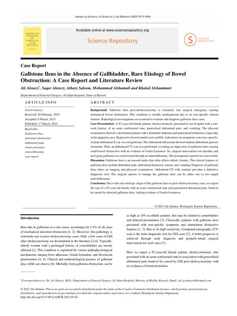 Pdf Science Repository Gallstone Ileus In The Absence Of Gallbladder