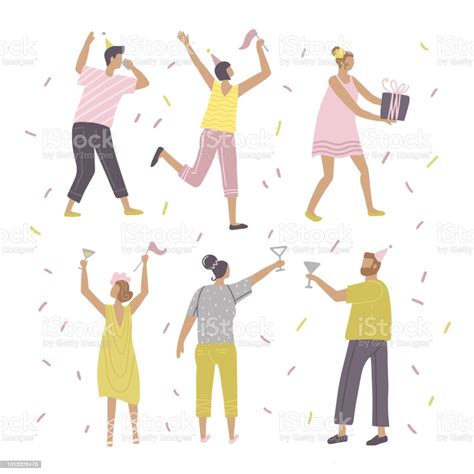 생일 파티에서 축하하고 춤을 추며 즐거운 시간을 보내는 행복한 사람들 캐릭터 다채로운 문자 세트 플랫 핸드 그린 벡터 일러스트레이션 가공의 인물에 대한 스톡 벡터 아트 및