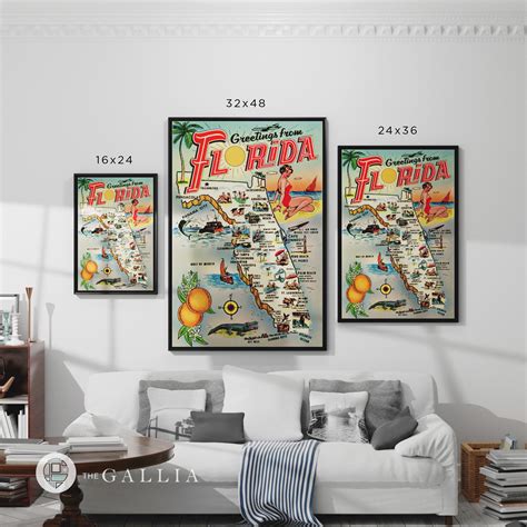 Vintage Florida Map Framed Canvas D Wall Art Office Space Commercial