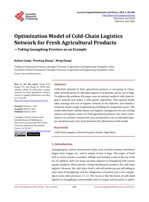 Pdf Optimization Model Of Cold Chain Logistics Network For Fresh Agricultural Products —taking