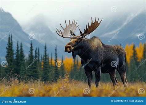 Large Bull Moose Standing In A Field With Mountains In The Background