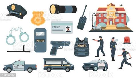 경찰 장비 경찰관 방탄 조끼 배지 자동차 권총 손전등 만화 전문 순찰 장교 및 경찰 도구 벡터 플랫 세트 개성 개념에 대한 스톡 벡터 아트 및 기타 이미지 Istock