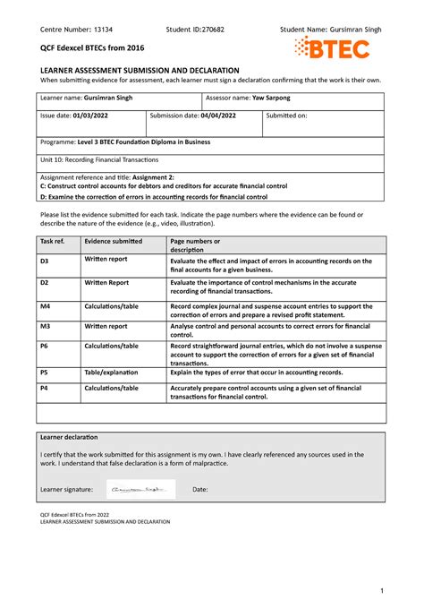 Learner Declaration Form Assignment 2 Qcf Edexcel Btecs From 2016 Learner Assessment