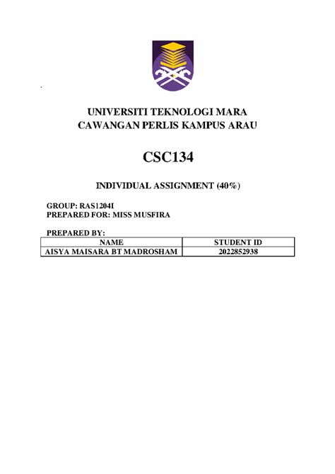 Csc134 Indv Asgnmt ` Universiti Teknologi Mara Cawangan Perlis Kampus