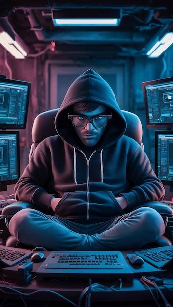 Hooded Hacker Sitting In Front Of Computer Screens Premium AI Generated Image