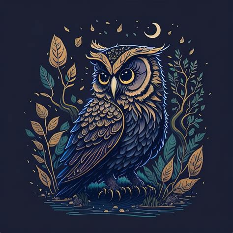 Premium Vector A Drawing Of An Owl With Horns And A Blue Background