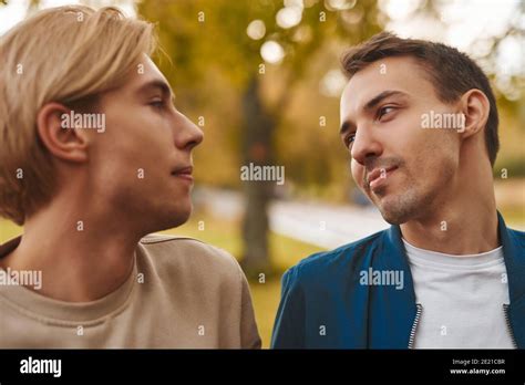 Loving Gay Couple Outdoors Two Handsome Men Having Romantic Date In