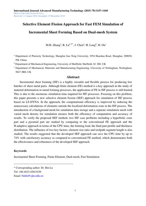 Pdf Selective Element Fission Approach For Fast Fem Simulation Of Incremental Sheet Forming