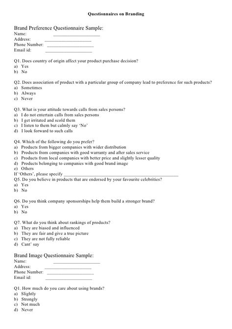 Brand Questionnaire Template
