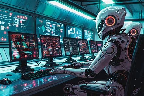 Ai Robots With Screens Displaying Real Time Data Analysis And Learning Big Data In The World