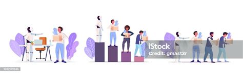세트 로봇은 사업가 인공 지능 지배 개념 컬렉션 수평 전체 길이를 대체 작업 현대 로봇 캐릭터에서 인간을 쫓아 가공의 인물에