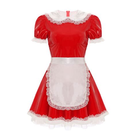 Womens Pvc Leather French Maid Cosplay Dress Apron Set Sexy Clubwear
