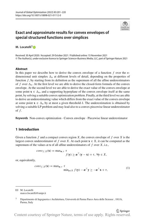 exact and approximate results for convex envelopes of special