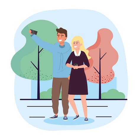 Young Couple With Smartphone Taking Selfie 671695 Vector Art At Vecteezy