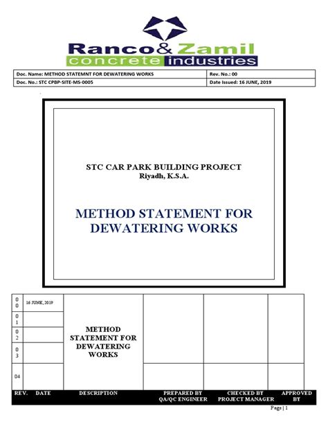 Method Statement For Dewatering Pdf Water Occupational Safety And