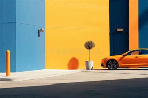 An Orange Car Is Parked In Front Of A Blue And Orange Building Stock