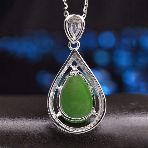 Genuine Green Nephrite Jade Pendant Necklace Tear Drop With Cz Halo